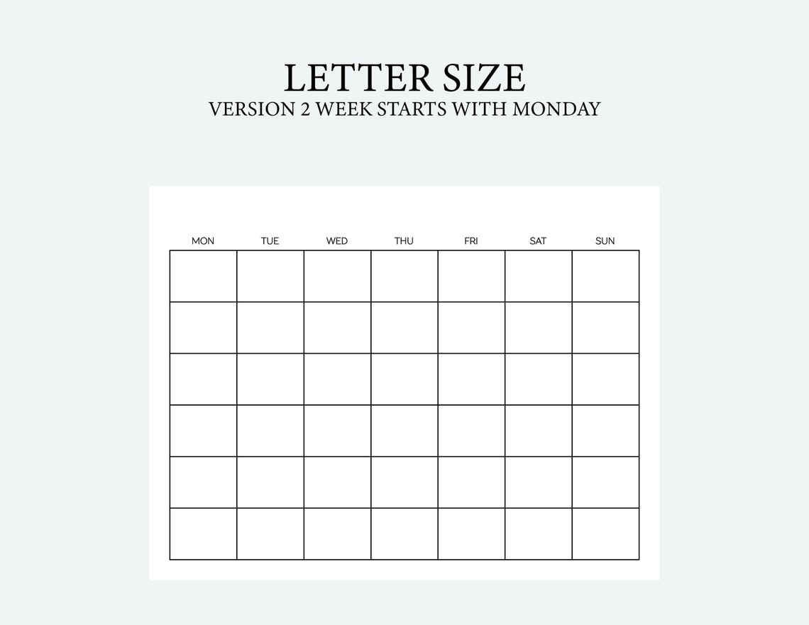 Printable Blank Calendar Works With Any Month Any Year Instant Digital ...