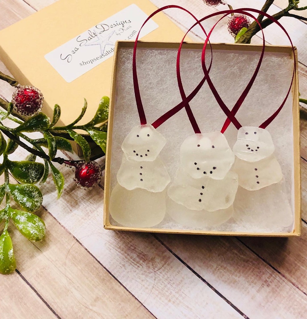 Sea Glass Snowman Ornaments, Set of 3 - Etsy