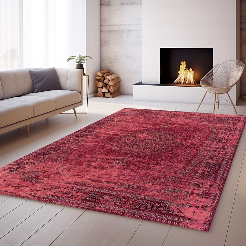 Burgundy Turkish Rug, Oriental Pattern, Washable Floor Covering - Etsy