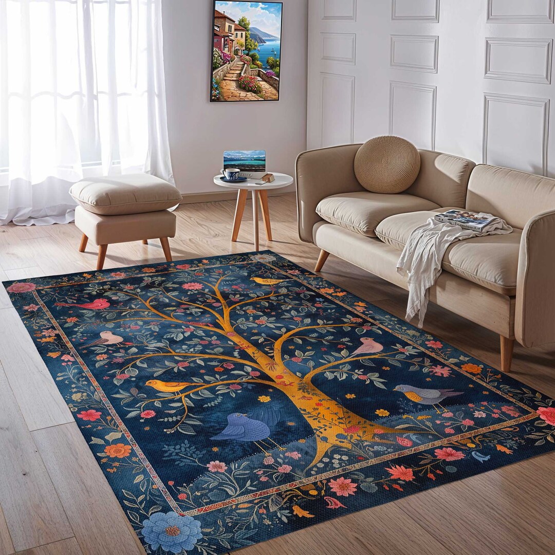 Navy Blue Turkish Rug, Bird & Tree Scenery, Boho Decor - Etsy