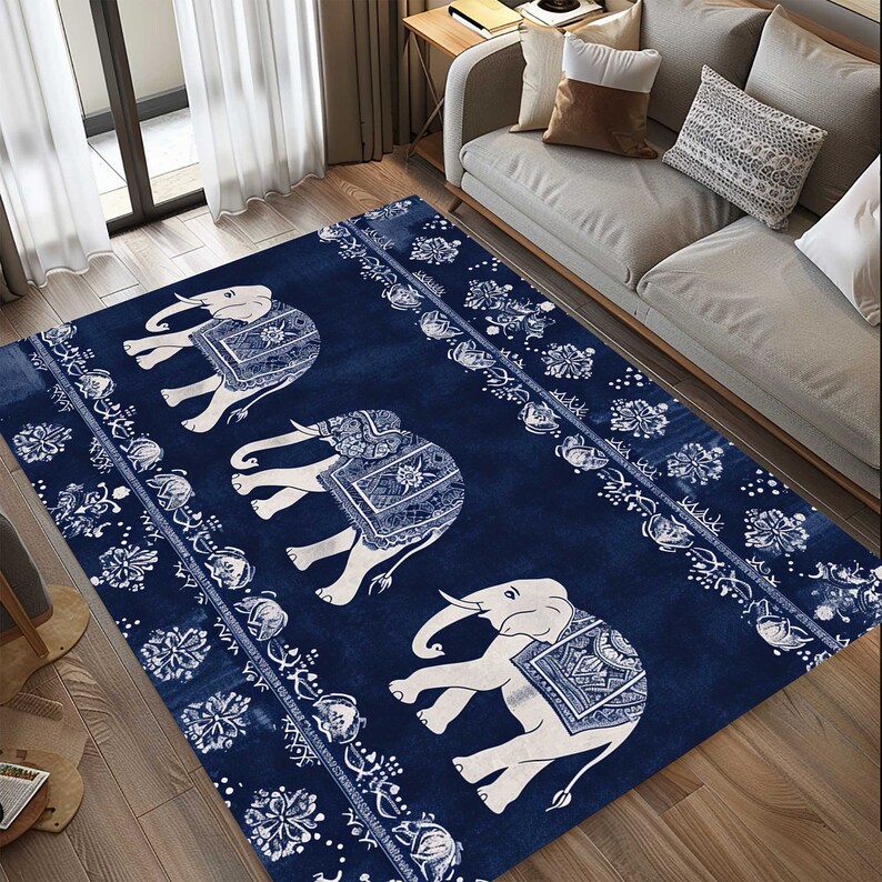 Rug With Ethnic Elephants, Navy Blue Rug, Boho Decor Rug, Rugs for ...