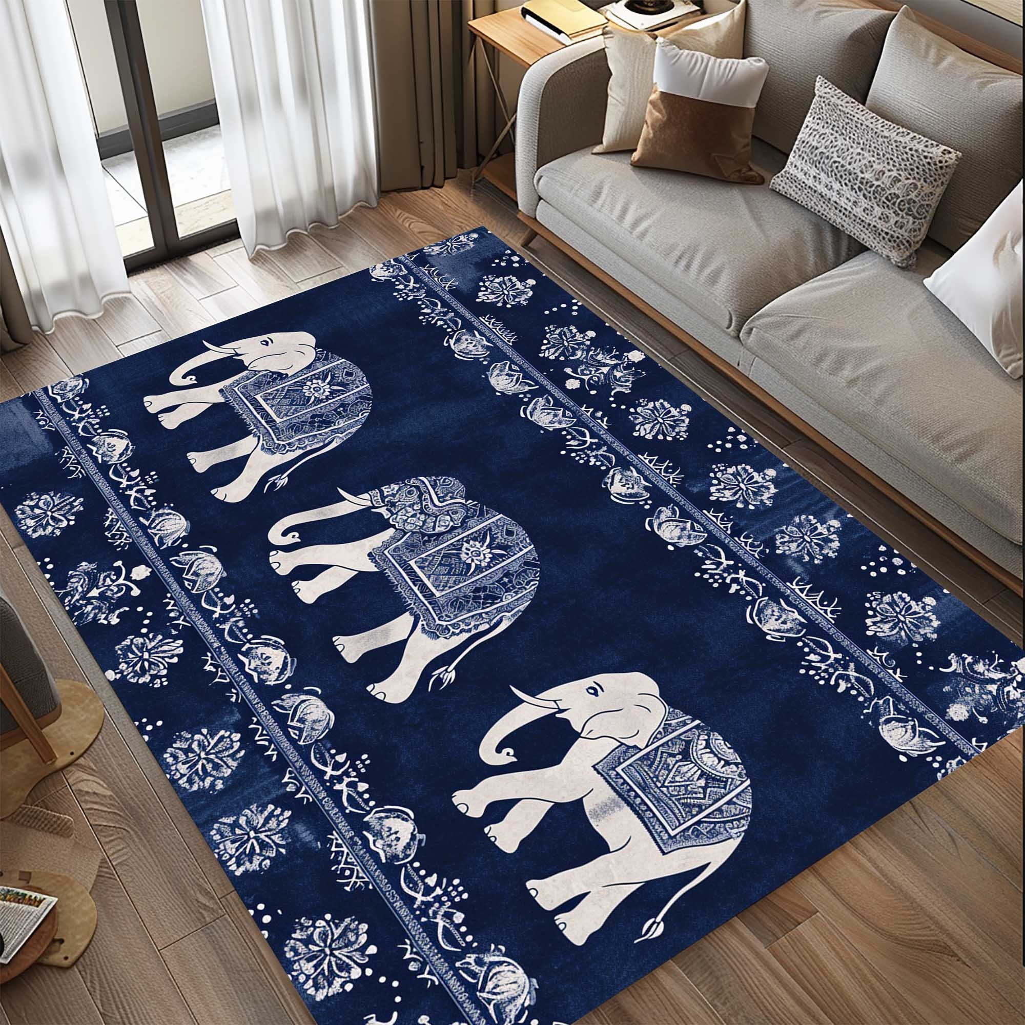 Rug With Ethnic Elephants, Navy Blue Rug, Boho Decor Rug, Rugs for ...