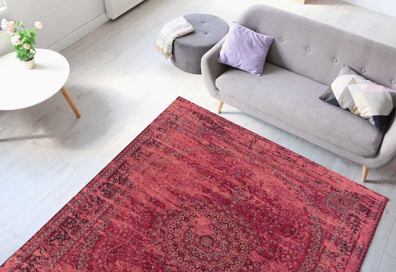 Burgundy Turkish Rug, Oriental Pattern, Washable Floor Covering - Etsy