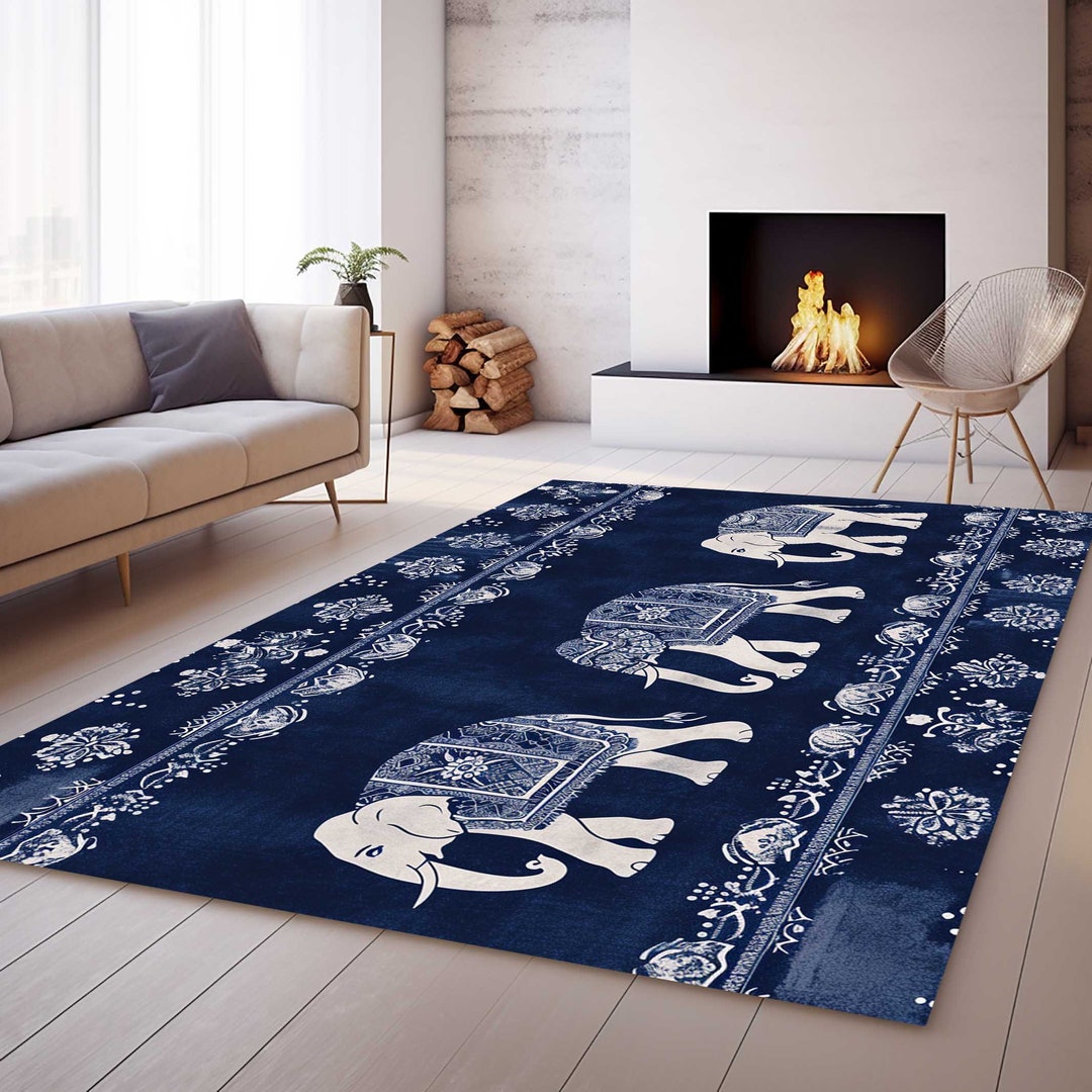 Rug With Ethnic Elephants, Navy Blue Rug, Boho Decor Rug, Rugs for ...