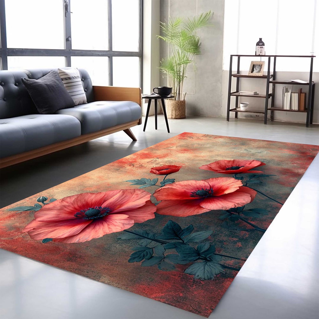 Rugs With Opium Poppy Pattern, Floral Print Rug, Girl Room Rugs, Boho ...