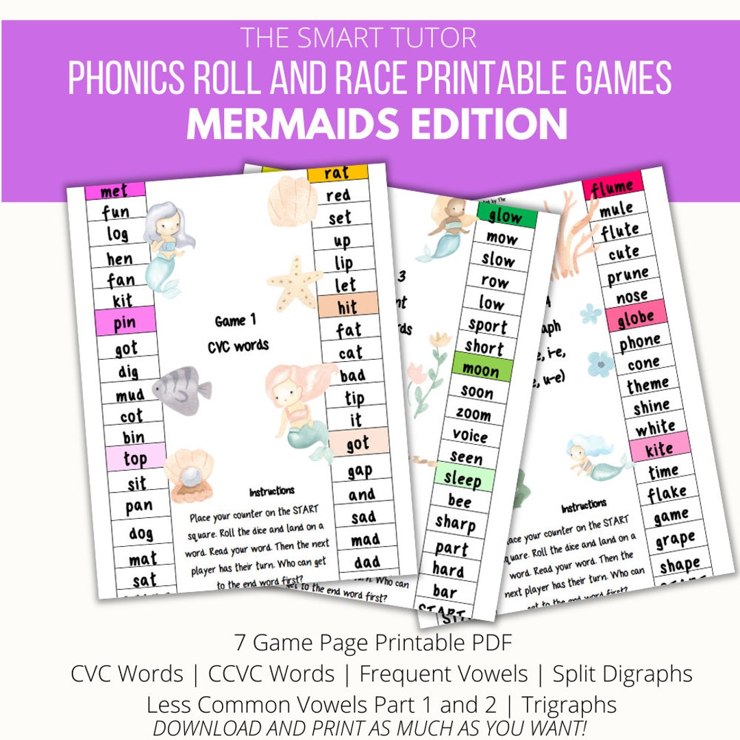Mermaids Phonics Roll and Read Game Printables for School, Classroom ...