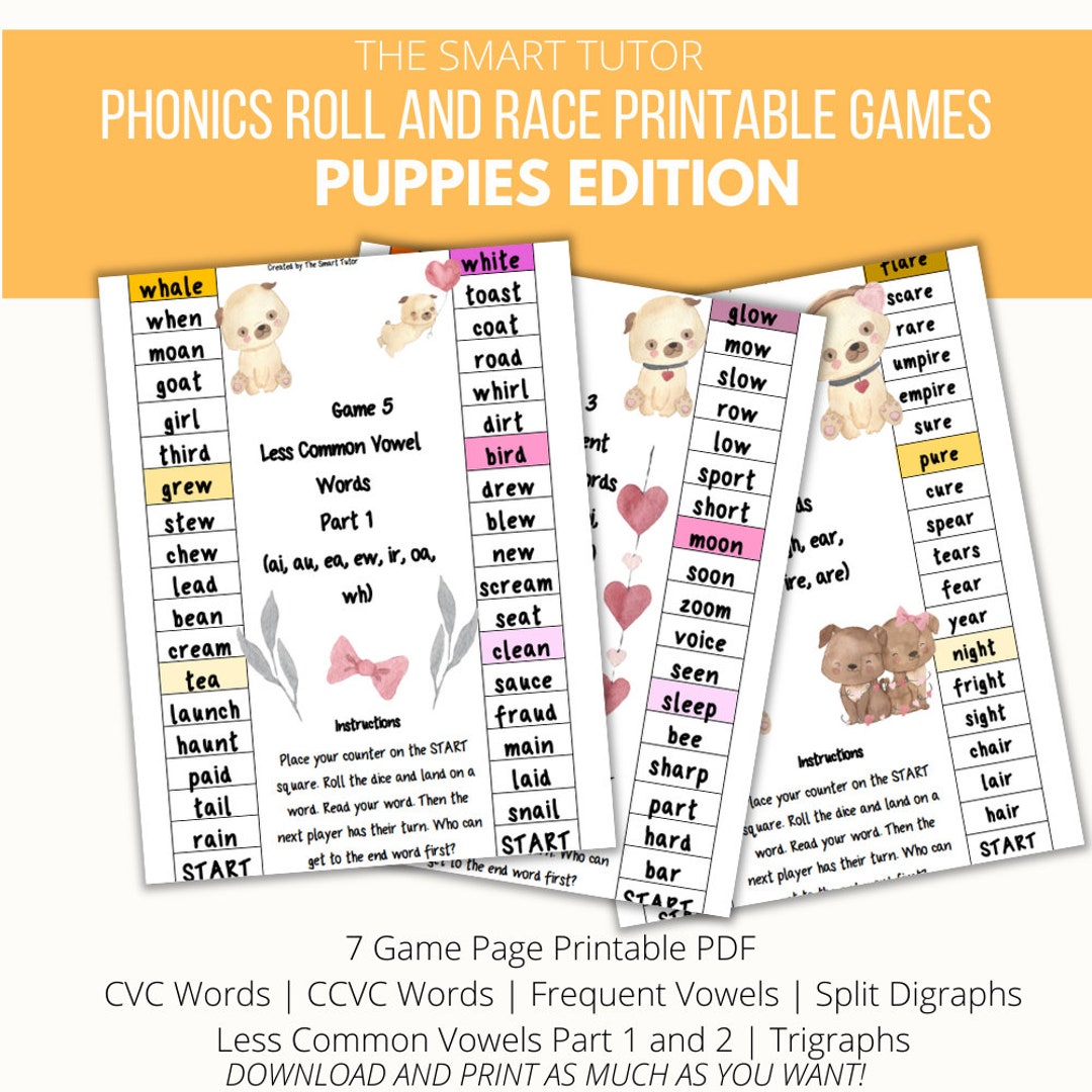 Puppies Phonics Roll and Read Game Printables for School, Classroom and ...