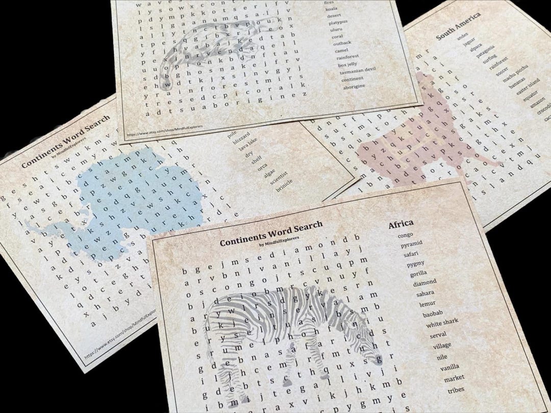 Geography Word Search Puzzles by Continent Instant Download Set of ...