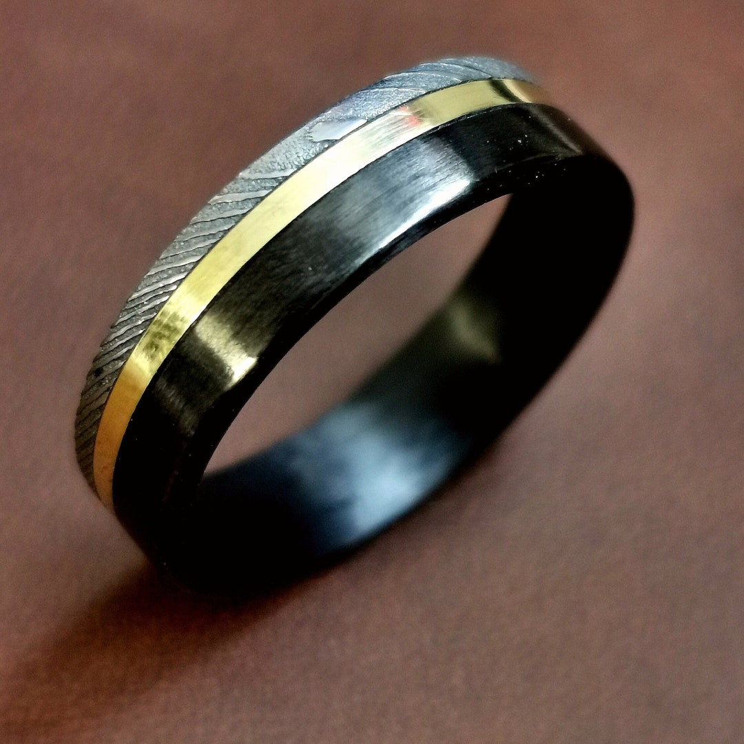 Forged Carbon Ring With Damascus Steel and Brass. - Etsy