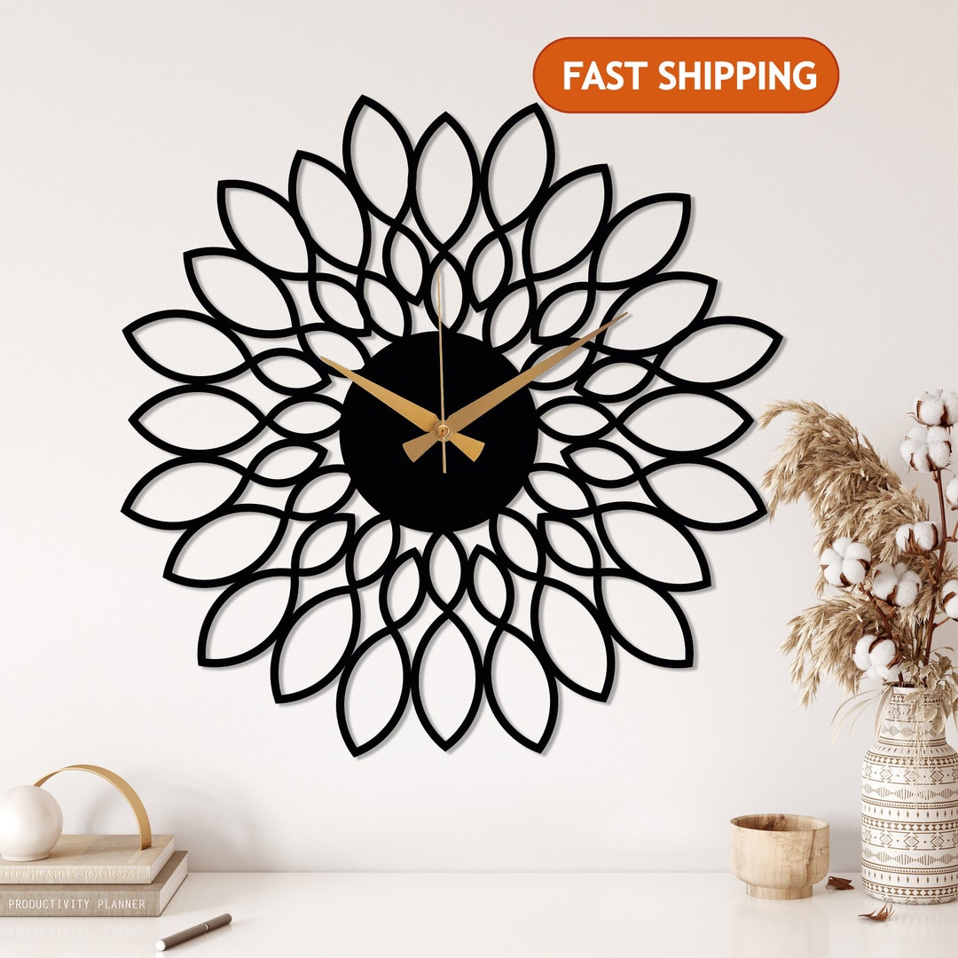 Design Black Metal Wall Clock, Silent Clock for Living Room, Modern ...