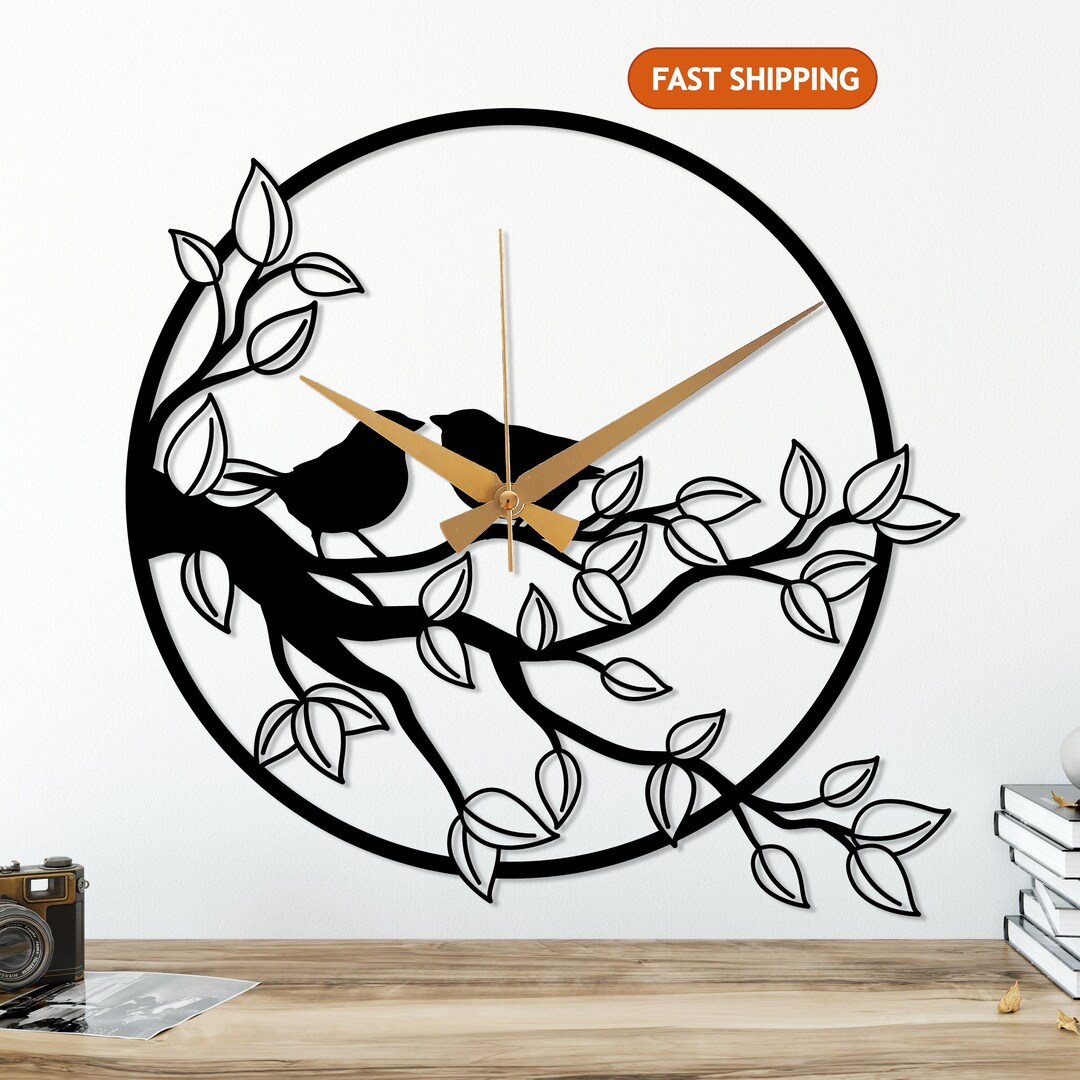 Birds on Branch Metal Wall Clock, Metal Birds Wall Clock, Modern Silent ...