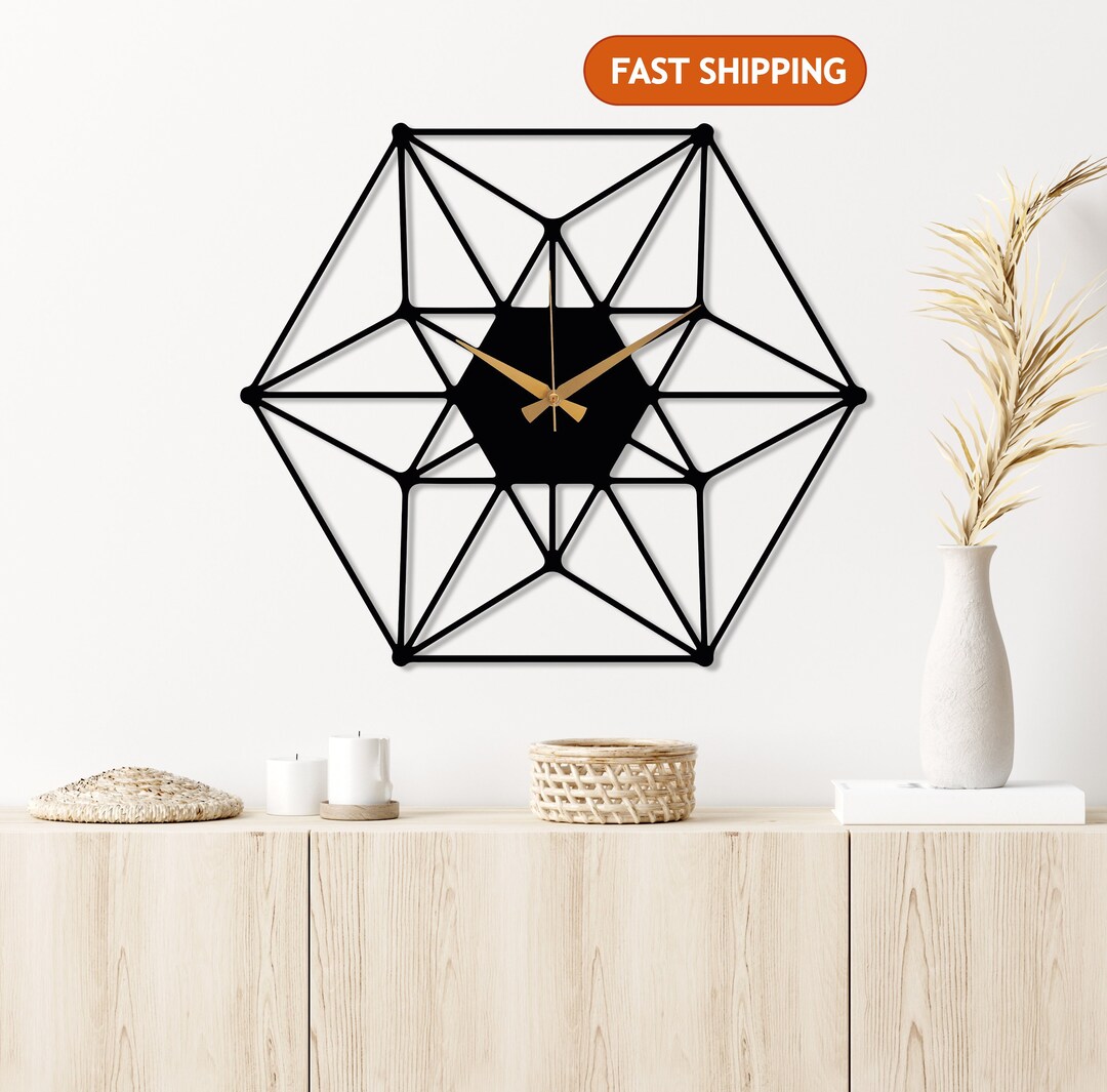 Hexagon Minimalist Black Wall Clock, Modern Design Metal Wall Clock ...