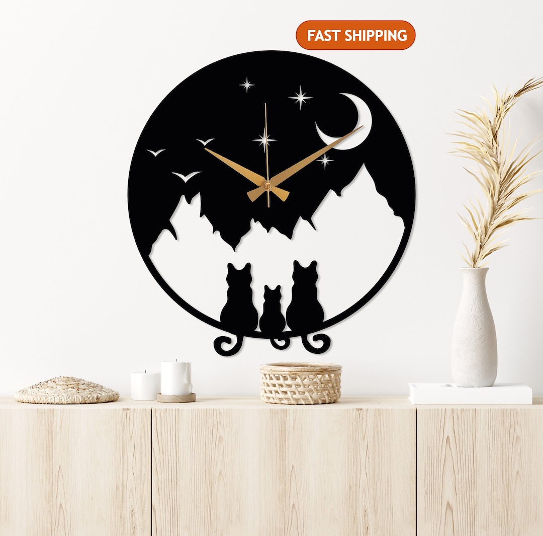 Cat Design Metal Wall Clock, Modern Wall Clock, Unique Home Decor, Cute ...