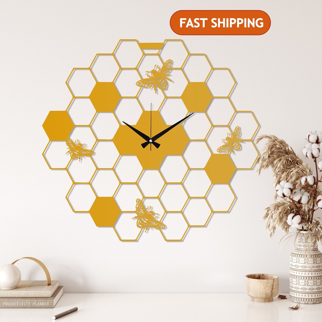 Bees Gold Metal Wall Clock, Honeycomb Modern Wall Clock, Unique Kids ...
