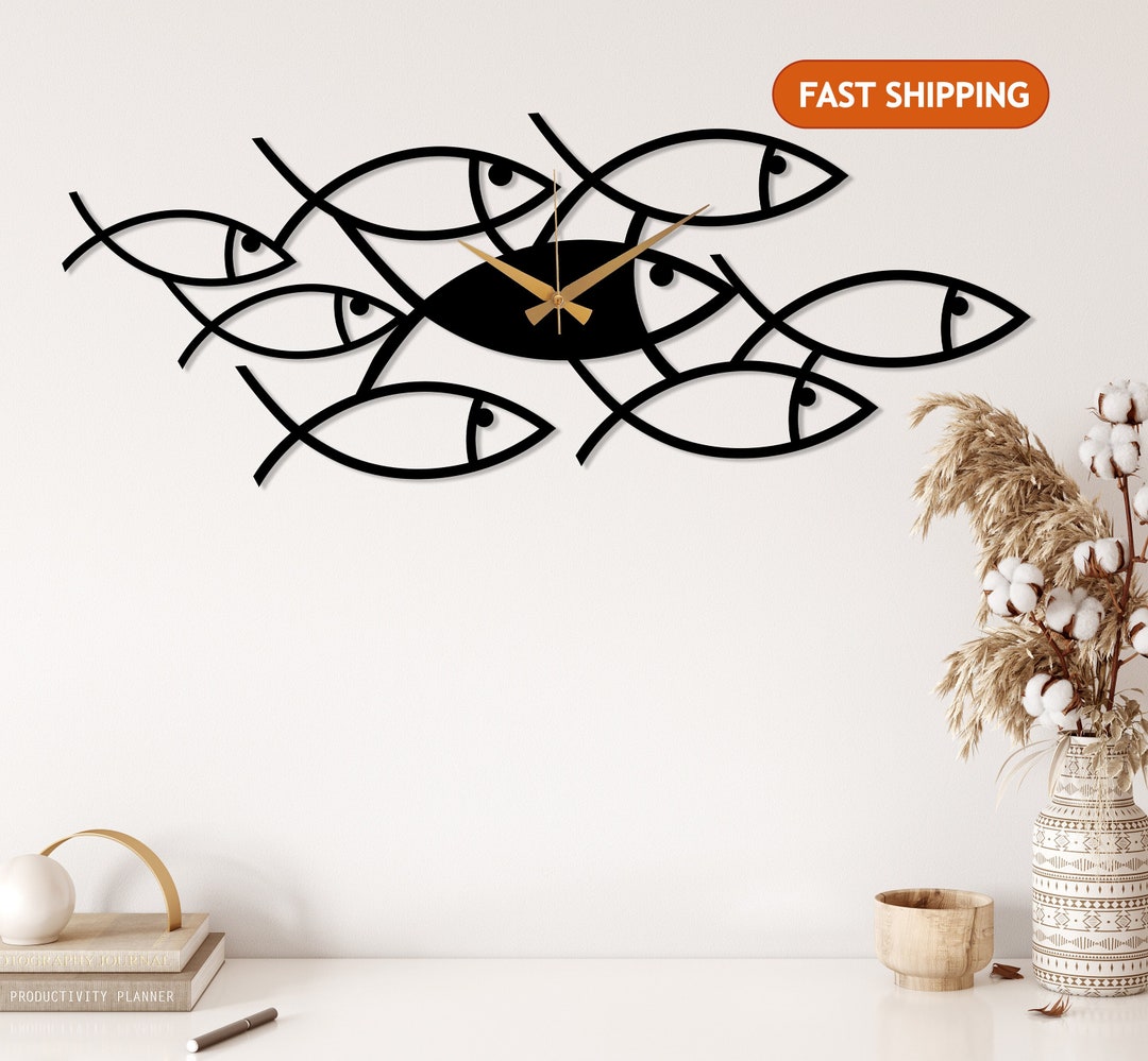 Black Fish Metal Clock, Art Wall Clock, Kitchen Wall Clock, Design Wall ...