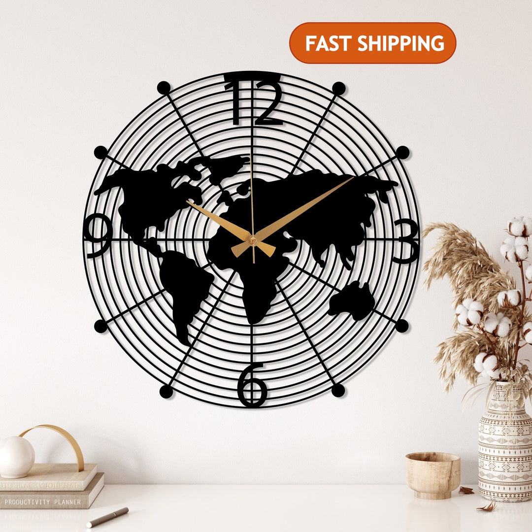 World Map Design Metal Wall Clock, Black Large Wall Clock, Unique Home ...