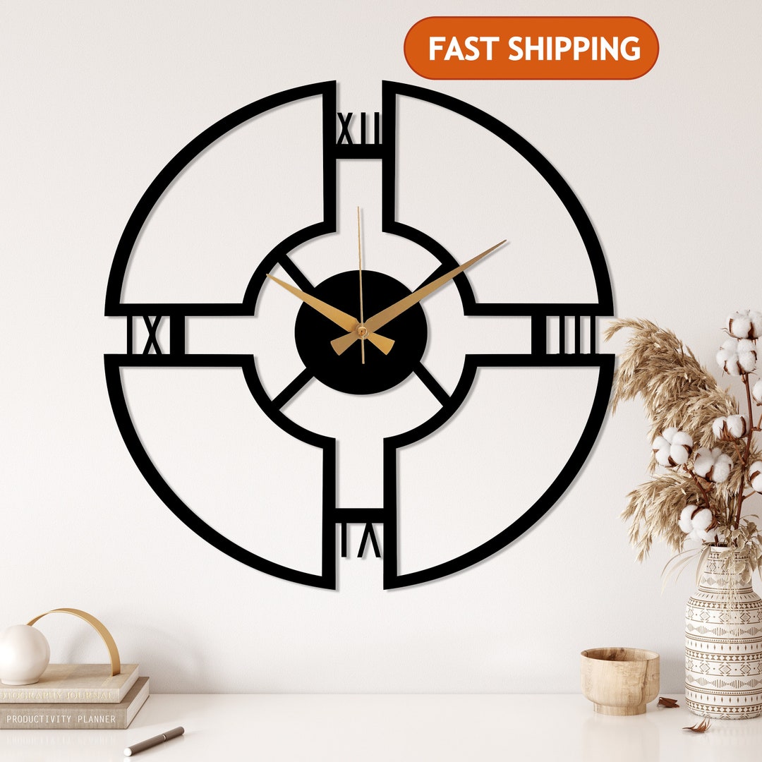 Modern Black Metal Wall Clock, Large Livingroom Wall Clock Art, Minimal ...
