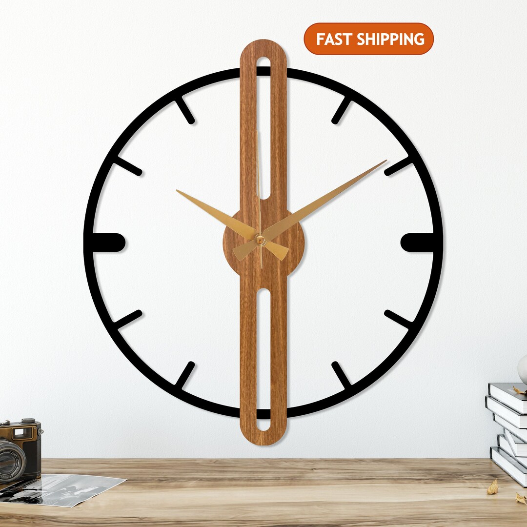 Metal Wood Wall Clock, Wooden Modern Wall Art, Minimalist Silent Wall ...