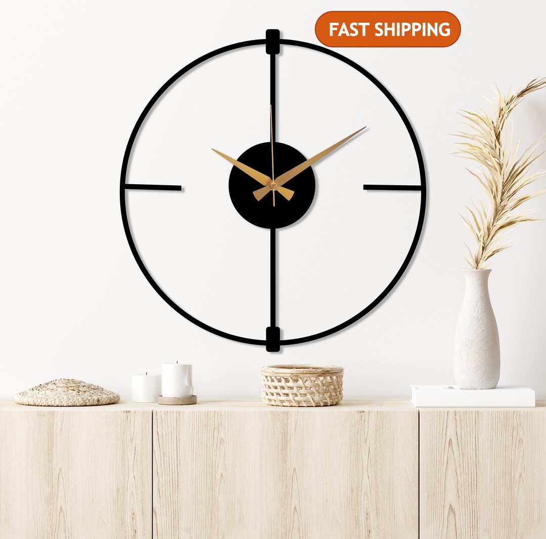 Black Minimalist Clock, Boho Wall Clock, Living Room Metal Clock, Wall ...