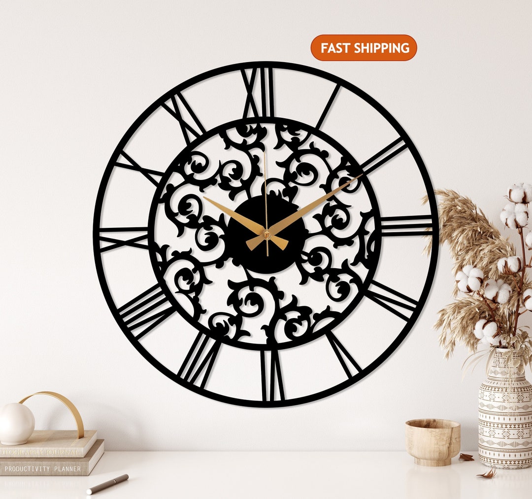 Unique Metal Wall Clock, Roman Numeral Clock, Silent Scroll Wall Clock ...