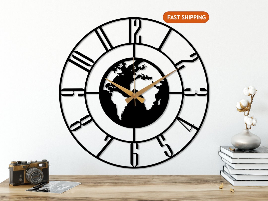 Large Metal World Map Wall Clock, Modern Wall Clock, Office Silent ...