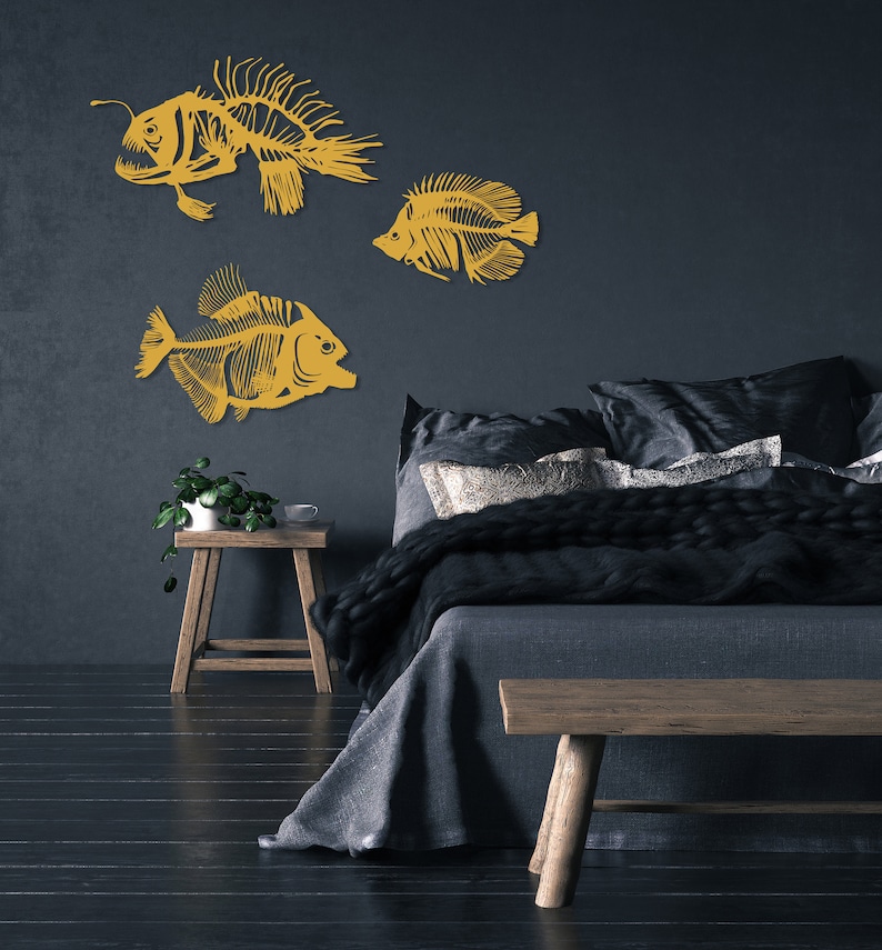 Fish Metal Wall Art Set of 3 Fishbones Wall Decor School of - Etsy