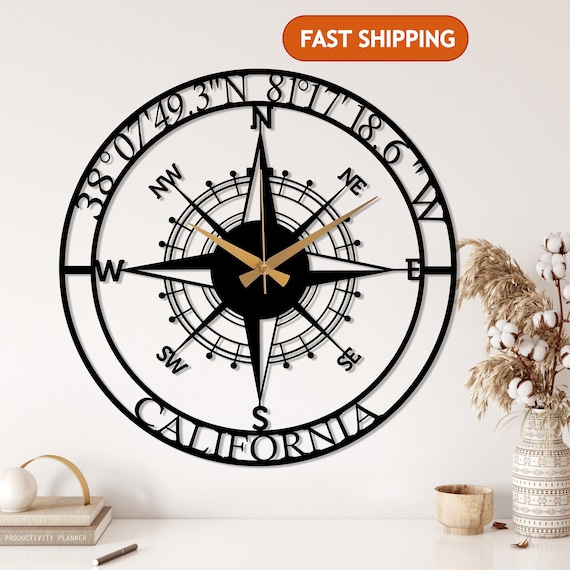 Personalized Compass Metal Wall Clock Custom Coordinates Wall - Etsy