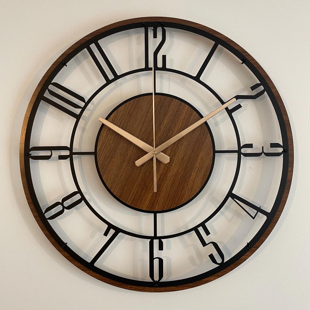 Large Wooden Metal Wall Clock, Mid Century Modern Wood Wall Clock ...