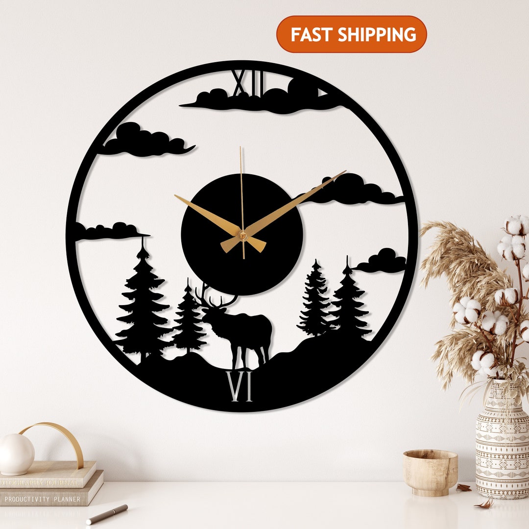 Mountain Large Metal Wall Clock, Deer Forest Black Wall Clock, Outdoor ...