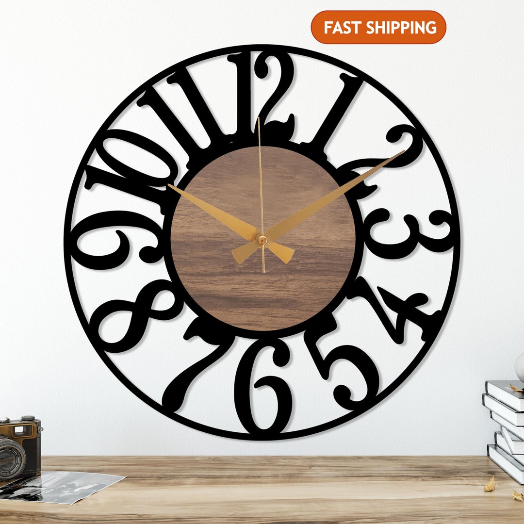 Wood Metal Wall Clock, Wooden Wall Clock Decor, Metal Home Clock Gift ...