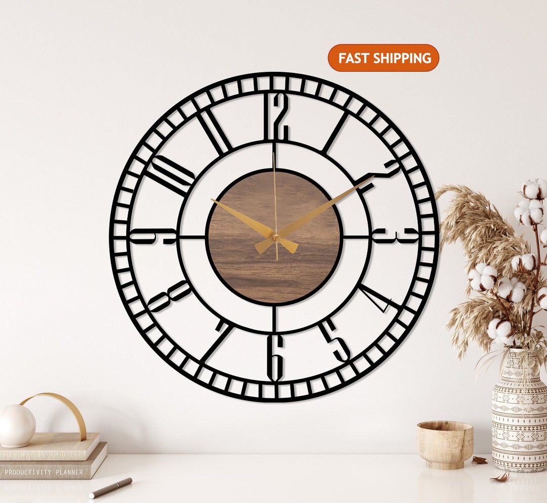 Metal With Wood Wall Clock, Large Silent Wall Clock, Mid Century Wall ...