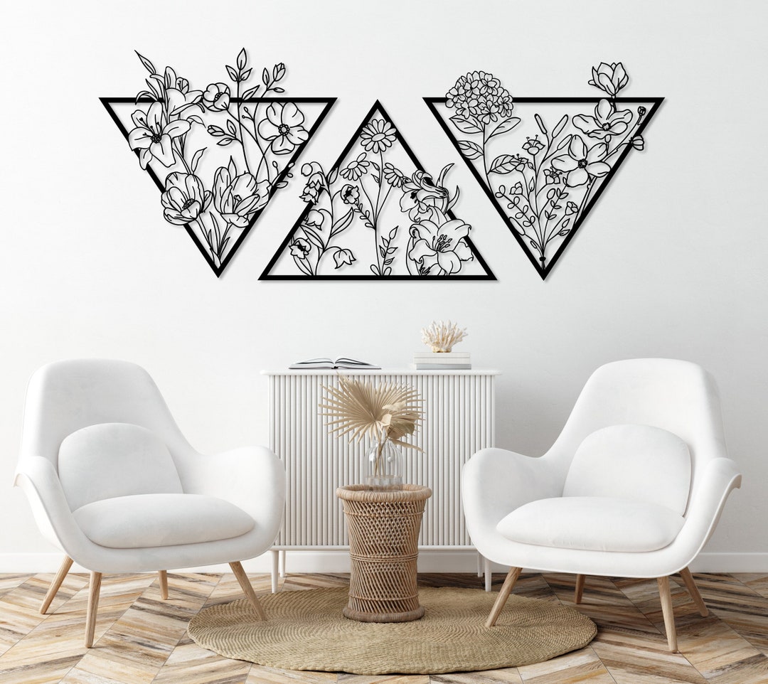 Flower Wall Decor Set of 3, Metal Flowers Wall Hanging Art, Minimalist ...