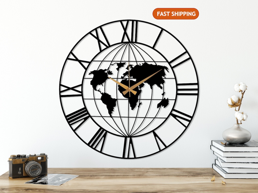 World Map Metal Wall Clock, Earth Wall Clock, Geographic Compass Clock ...