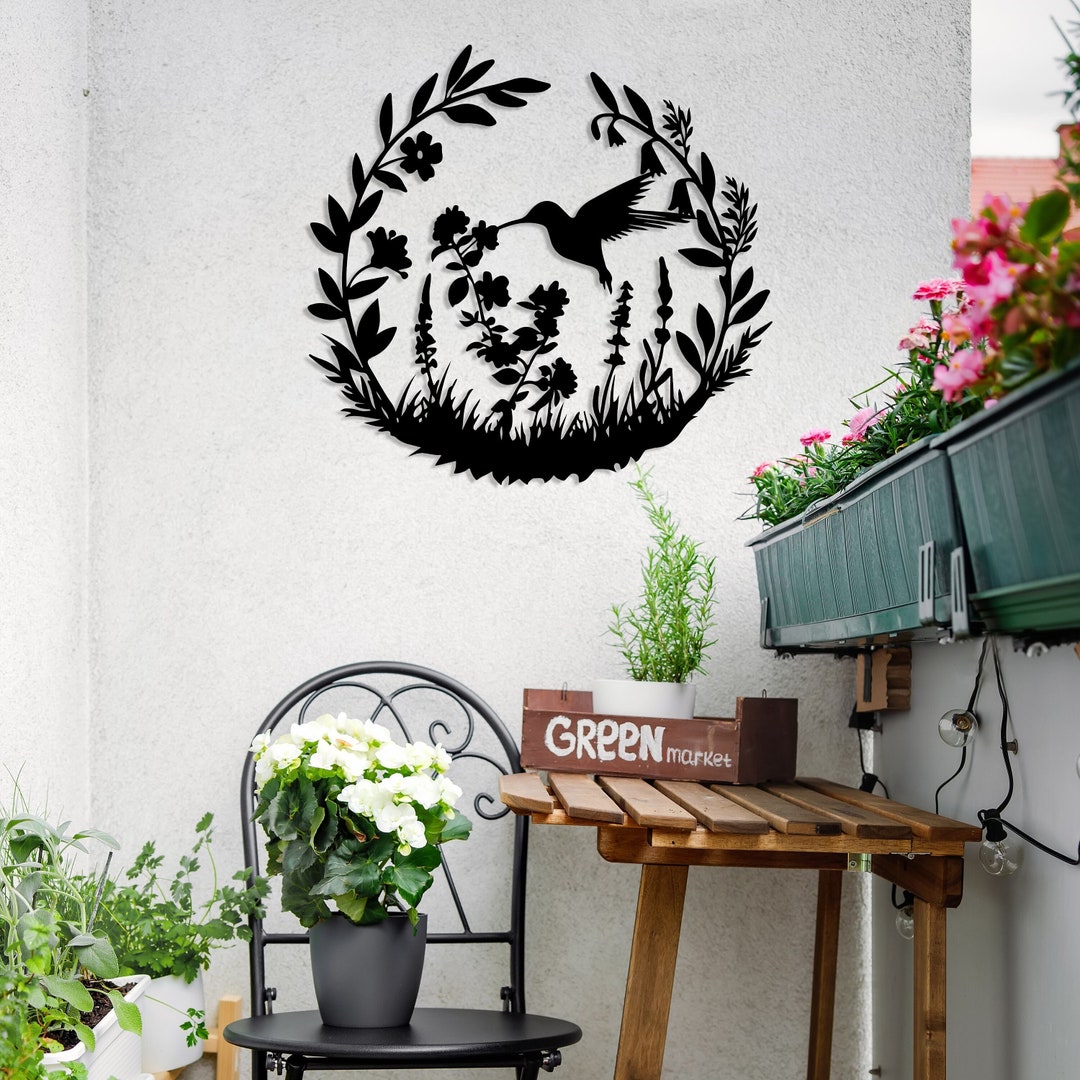 Hummingbird Metal Wall Sign, Metal Garden Sign, Bird and Flower Metal ...