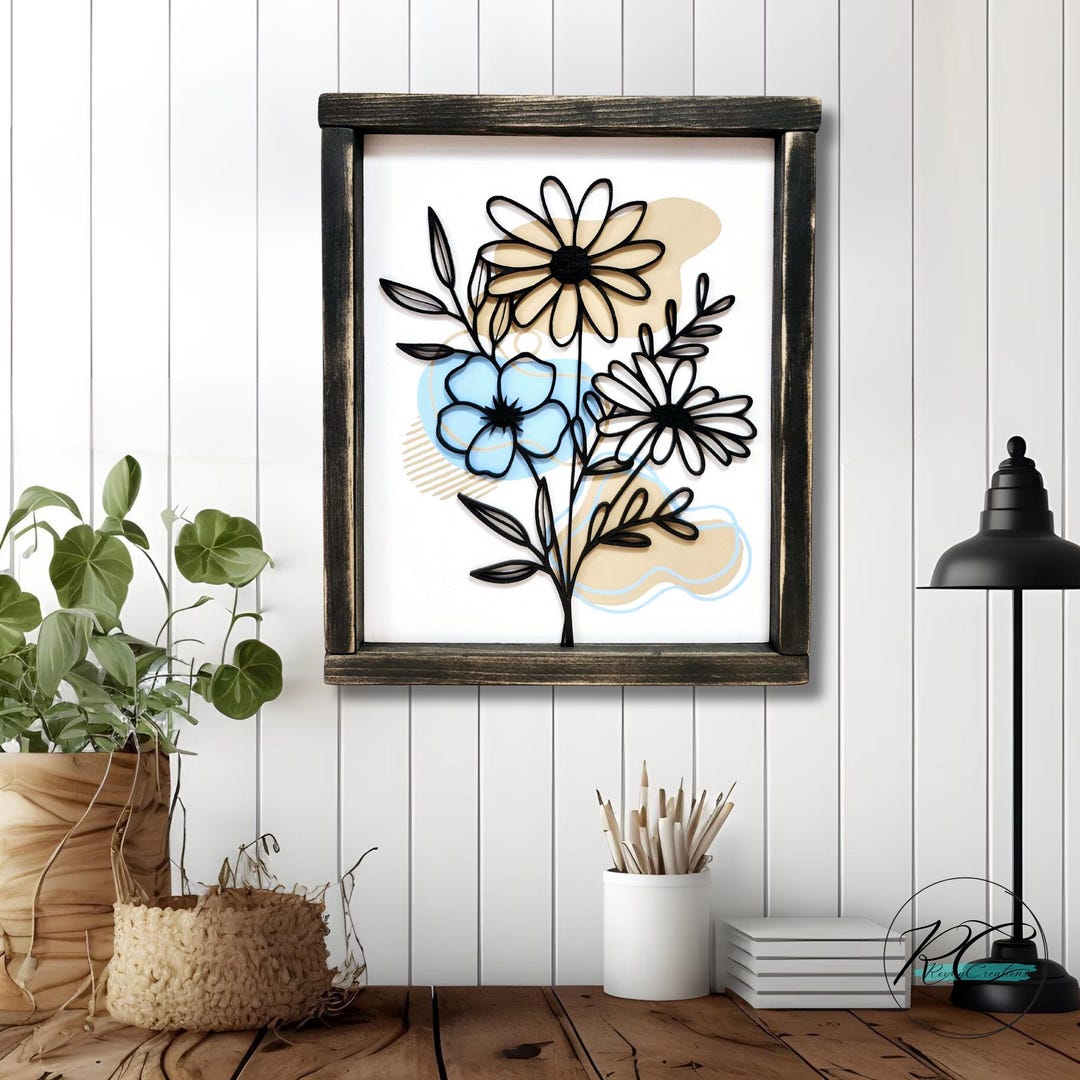 Flower Bouquet Wood Sign, Framed Wood Sign, Laser Cut Flower Bouquet ...