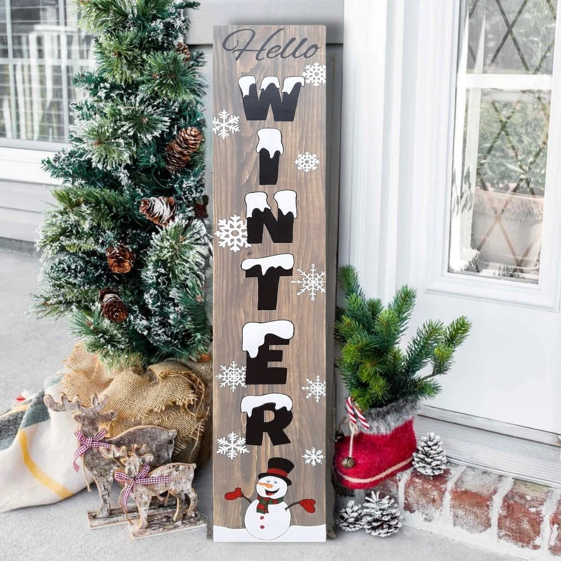 Hello Winter Porch Sign, Snowman Porch Sign, Winter Welcome Sign, Porch ...
