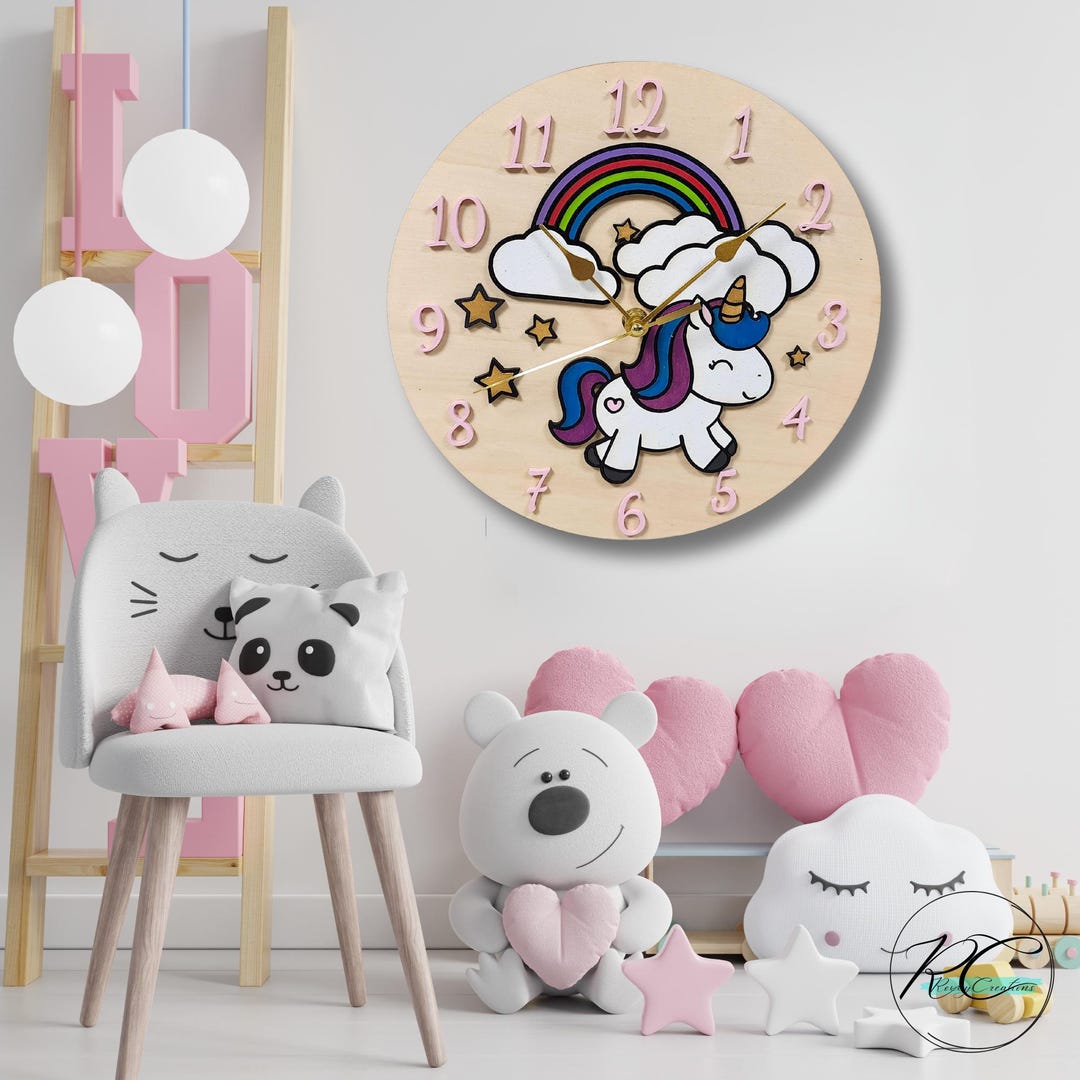 Unicorn Kid Clock, Kid Clock, Little Girl Clock, Round Unicorn Clock ...
