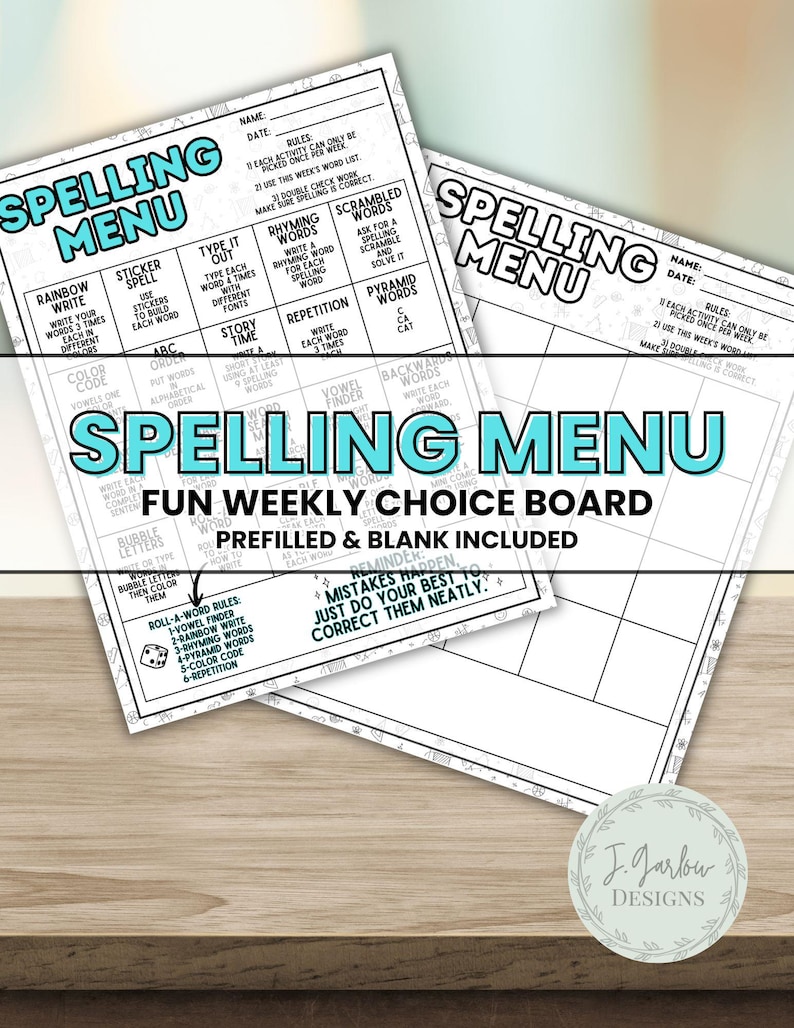 Spelling Menu Printable | Spelling Choice Board | Weekly English ...