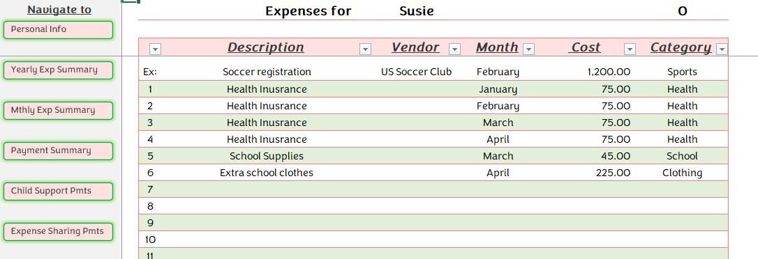 Child Sharing Expense/child Support/alimony Support Tracking Worksheet ...