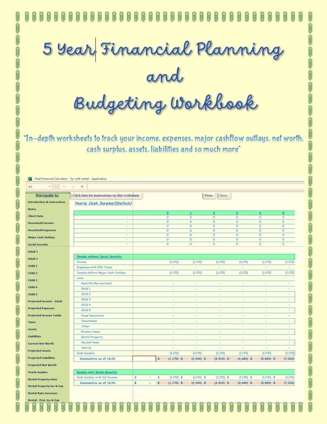 5 Year Budget Planner Tool / Finance Tracking Excel Sheet/spreadsheet ...