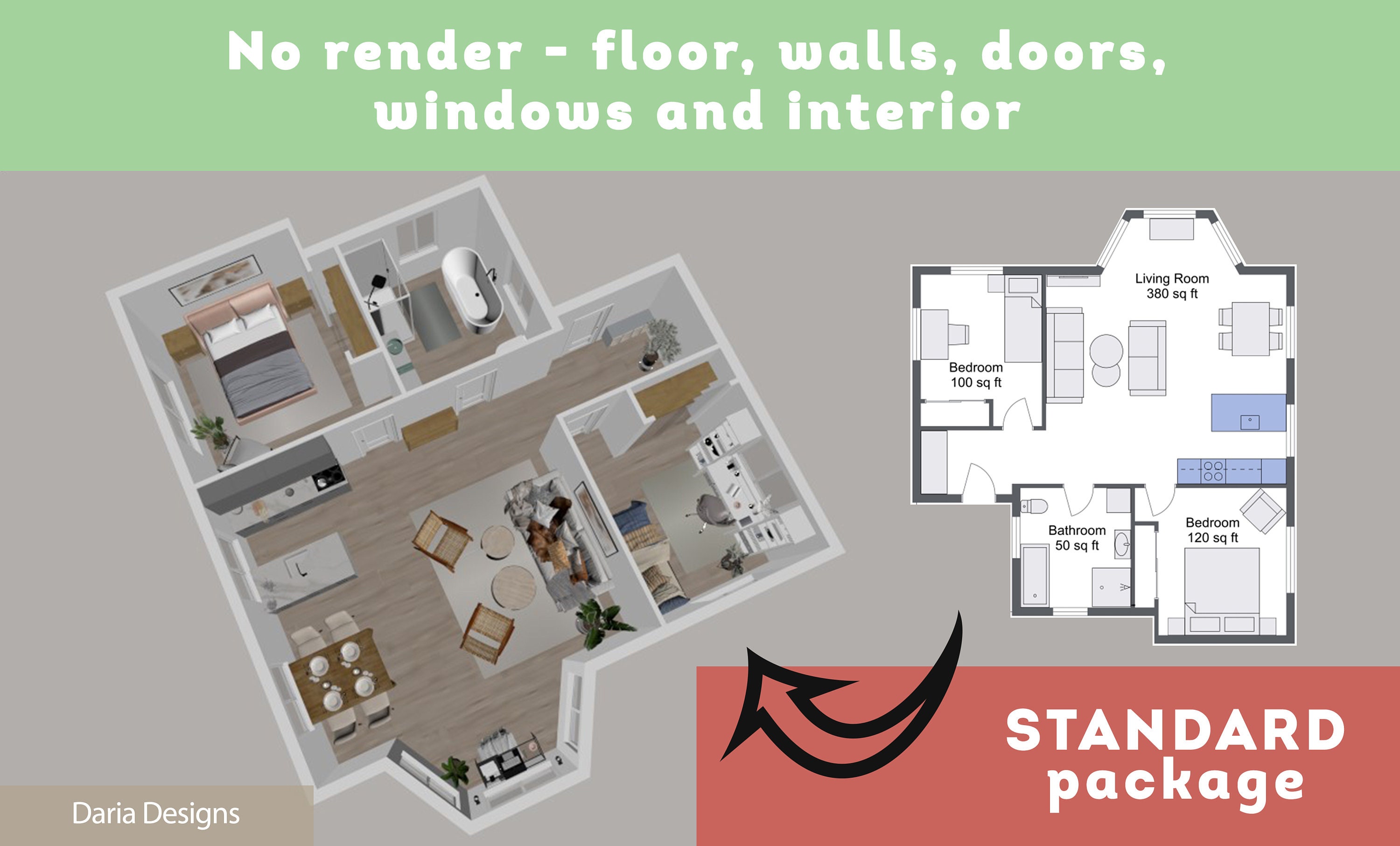 Interior Design and Photorealistic 3D Floor Plan Rendering, 3D Model ...