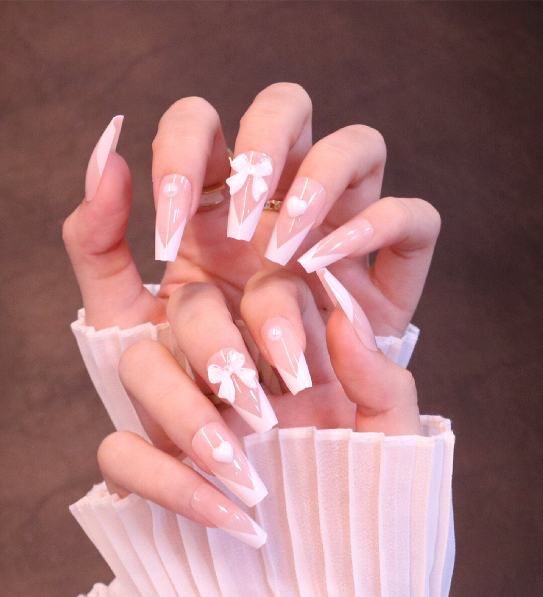 Trendy Rose French Tip With Bows Ribbons Long Coffin Press on Nails ...