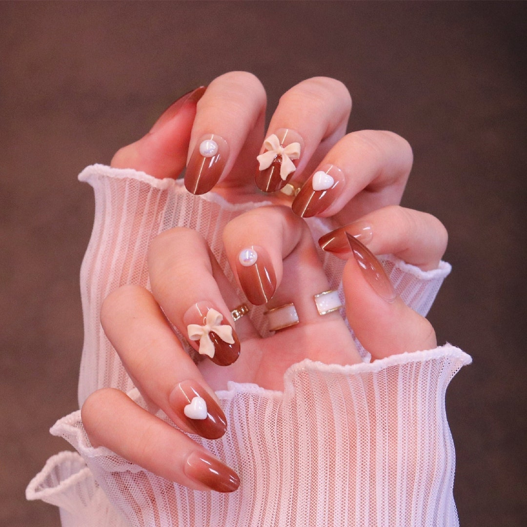 Gentle Gradient Red With Bowtie Pearl Short Press on Nails - Etsy