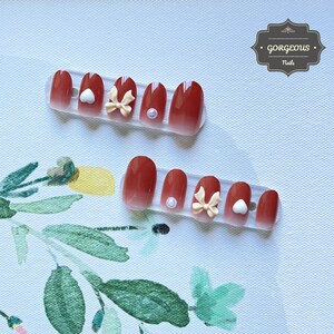Gentle Gradient Red With Bowtie Pearl Short Press on Nails - Etsy