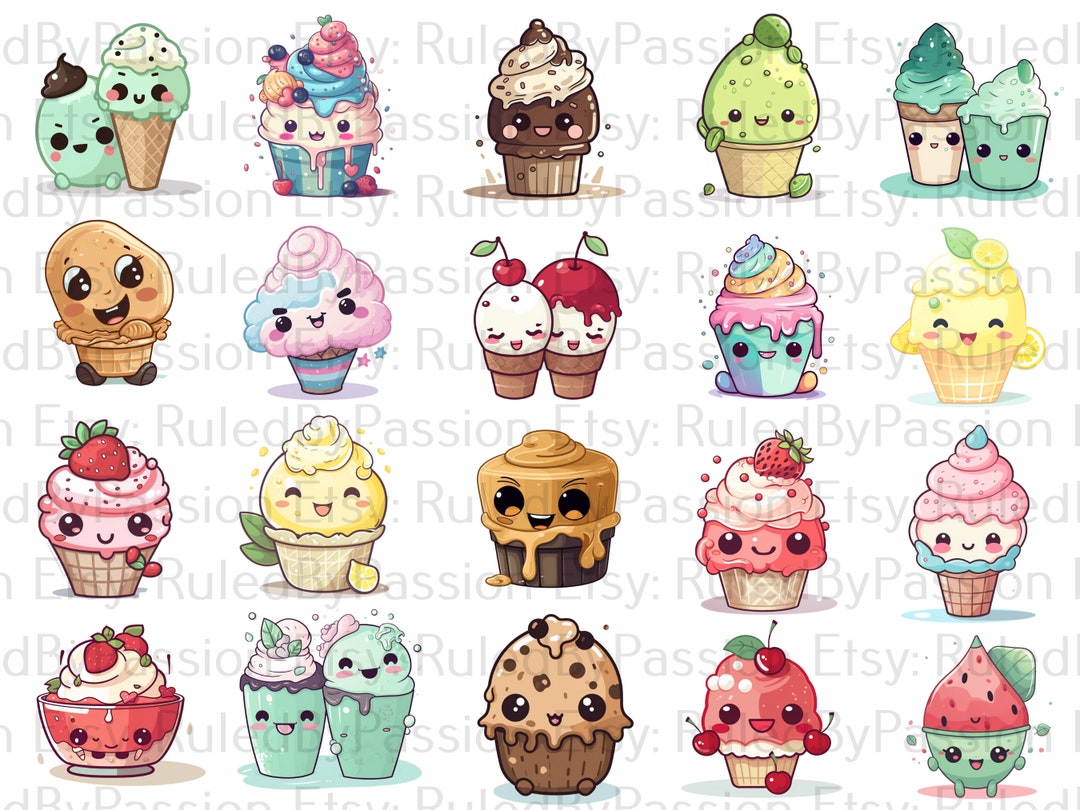 Cute Kawaii Ice Cream Clip Art Pack 4 Stickers, Planner, Card Making ...