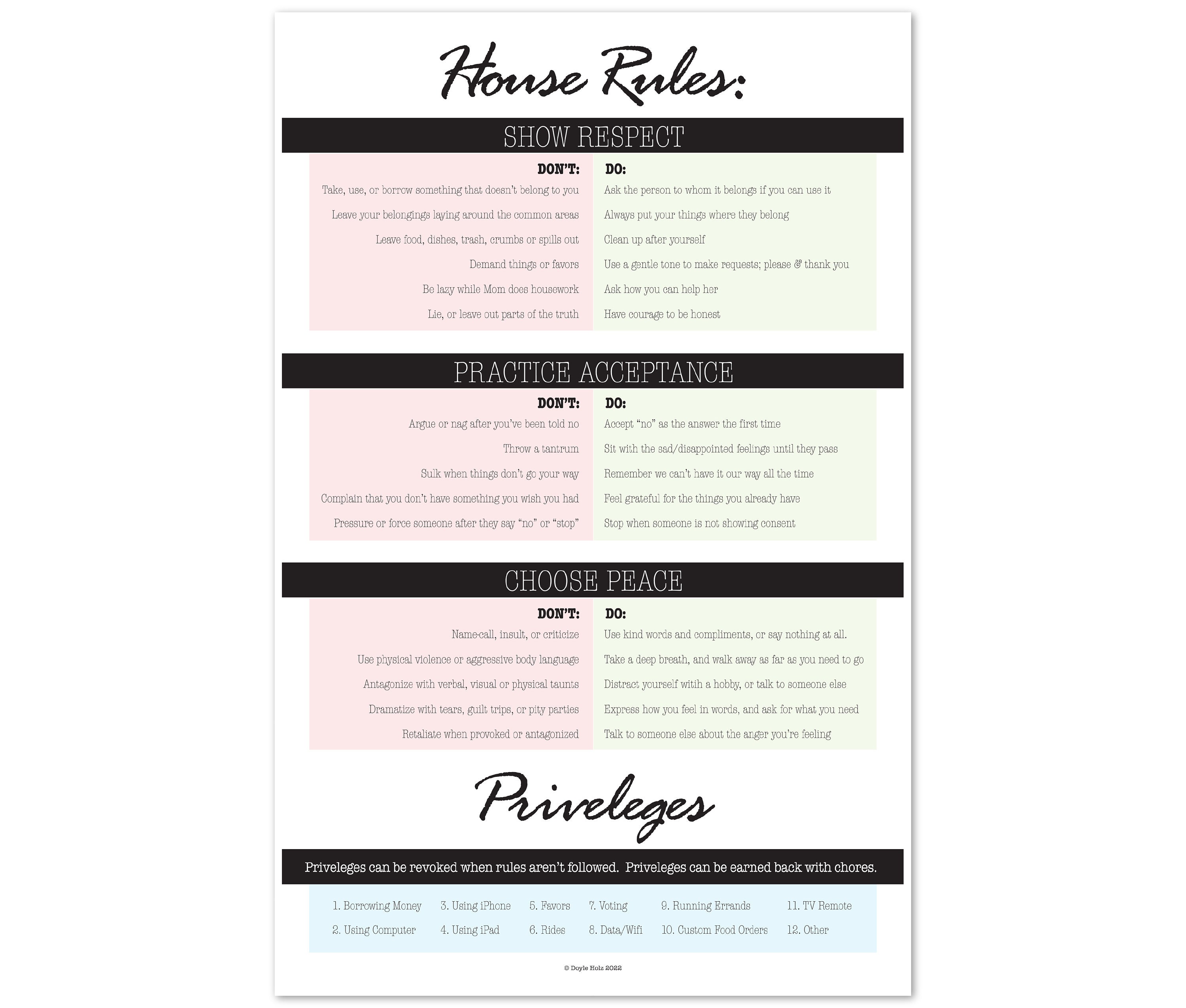 11x17 Poster Digital PDF House Rules & Privileges Show Respect ...