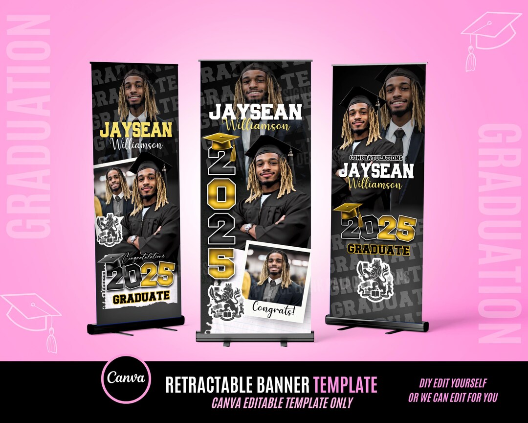 Graduation Retractable Banner 3 Styles, Black White Gold, Editable in ...