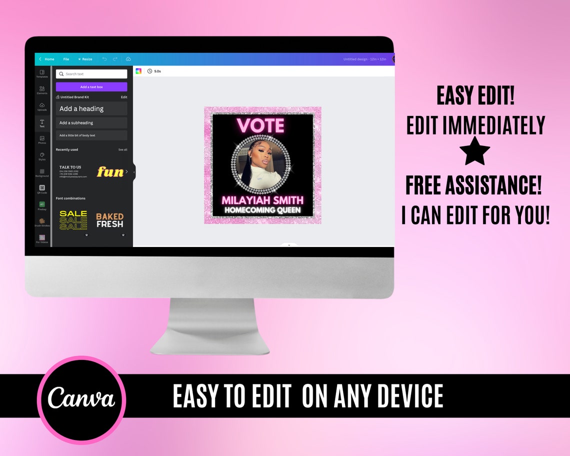 Vote Homecoming Queen Sticker, Class Campaign Pin Button (canva ...