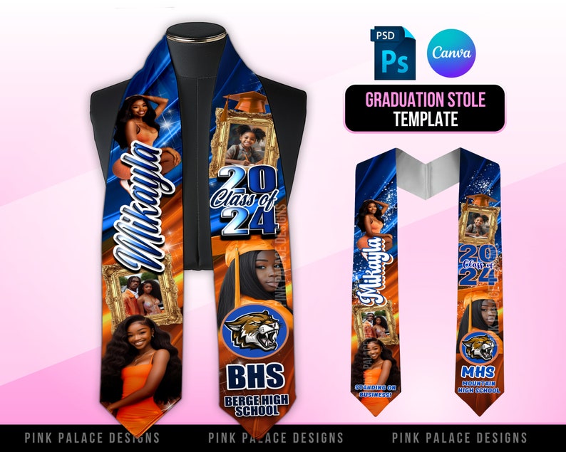 Graduation Stole Sash, Orange and Blue or Any Color, Editable in Canva ...