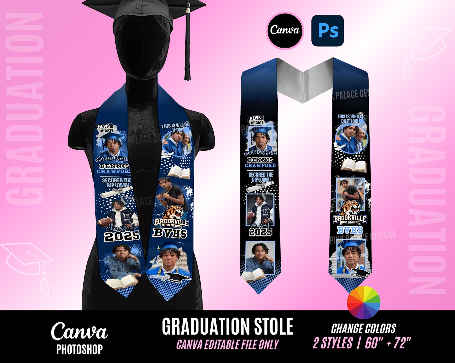 Graduation Stole Sash, Blue or Any Color, Editable in Canva, Class of ...